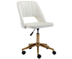 dm furniture velvet office desk chair with wheels, mid back modern home office chair small and cute for bedroom, white with gold base