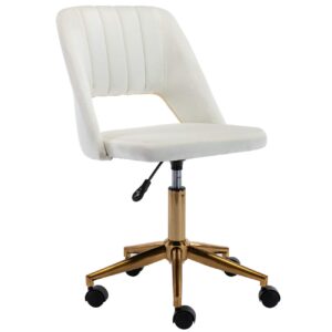 DM Furniture Velvet Office Desk Chair with Wheels, Mid Back Modern Home Office Chair Small and Cute for Bedroom, White with Gold Base