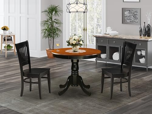 East West Furniture ANVA3-BLK-W 3 Piece Kitchen Table Set for Small Spaces Contains a Round Dining Room Table with Pedestal and 2 Dining Chairs, 36x36 Inch, Black