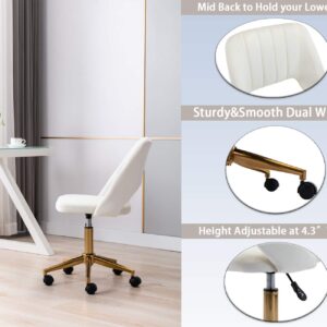 DM Furniture Velvet Office Desk Chair with Wheels, Mid Back Modern Home Office Chair Small and Cute for Bedroom, White with Gold Base