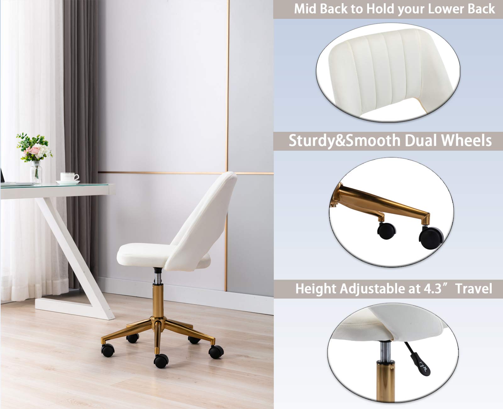 DM Furniture Velvet Office Desk Chair with Wheels, Mid Back Modern Home Office Chair Small and Cute for Bedroom, White with Gold Base