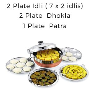 Sophronia Stainless Steel Idli Cooker Multi Kadai Steamer with Copper Bottom All-in-One Big Size 5 Plate 2 Idli | 2 Dhokla | 1 Patra | Momo's | 28.5 cm Dia