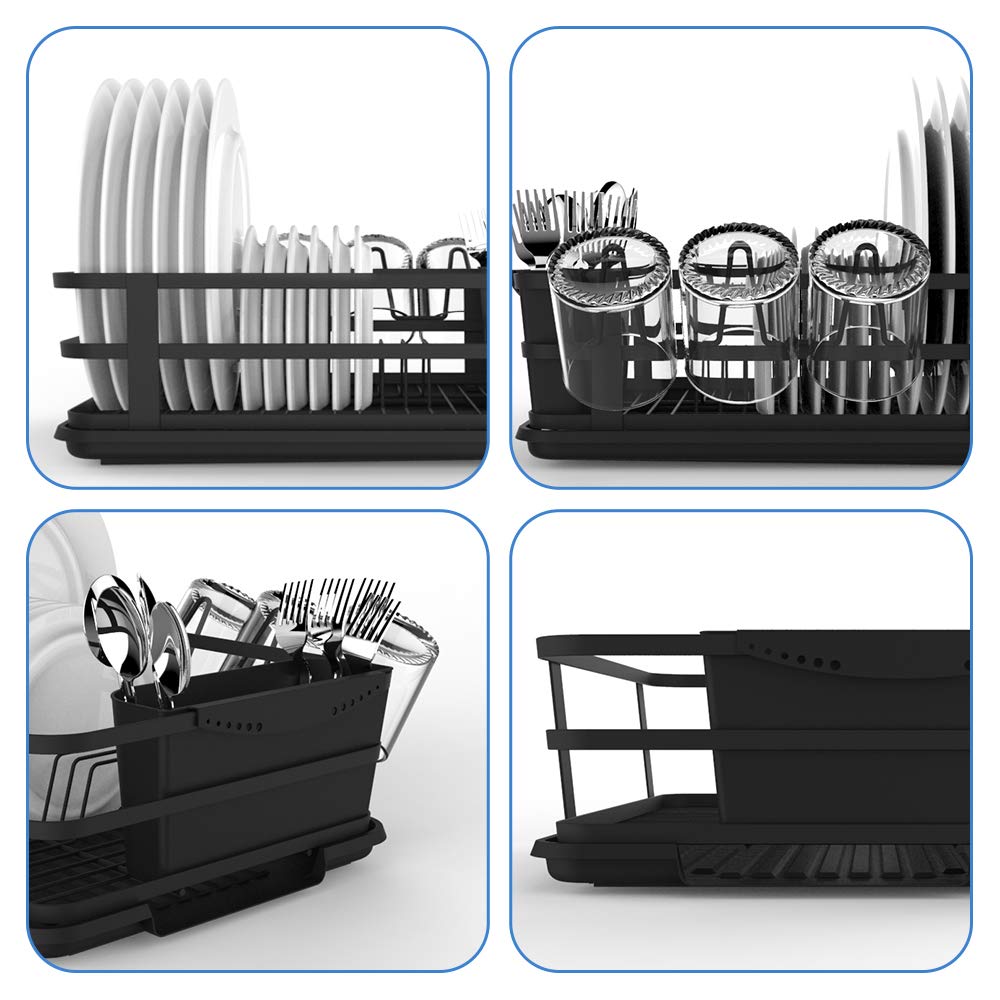 TreeLen Dish Drainers for Kitchen Counter with Drainboard Set Black Dishes Drying Rack Dish Sink Strainers with Removable Utensil Cup Holder-Black-14.6x11.8”