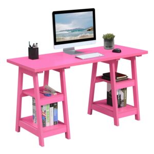 Convenience Concepts Designs2Go Double Trestle Desk with Shelves, Pink