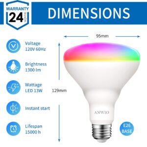 ANWIO Smart Light Bulb BR30 RGB Color Changing LED WiFi Dimmable Multicolor Light Bulbs E26 Base, Compatible with Alexa, Google Assistant, No Hub Required, 1300 Lumen 13W (100W Equivalent) 2 Pack