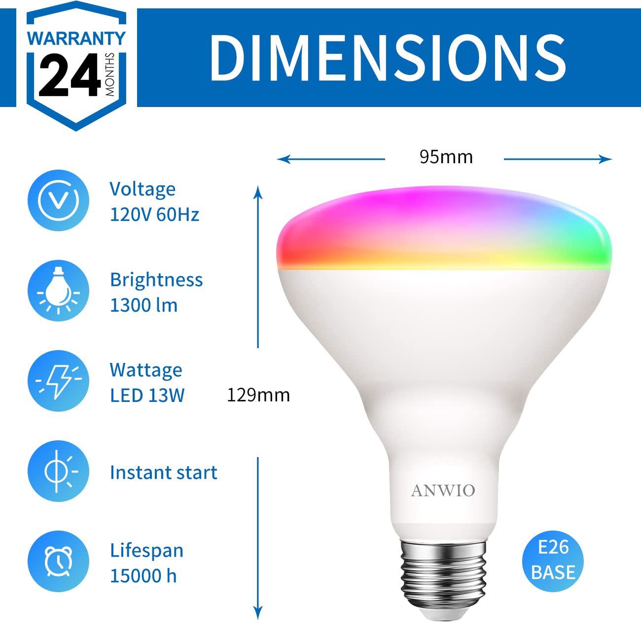 ANWIO Smart Light Bulb BR30 RGB Color Changing LED WiFi Dimmable Multicolor Light Bulbs E26 Base, Compatible with Alexa, Google Assistant, No Hub Required, 1300 Lumen 13W (100W Equivalent) 2 Pack