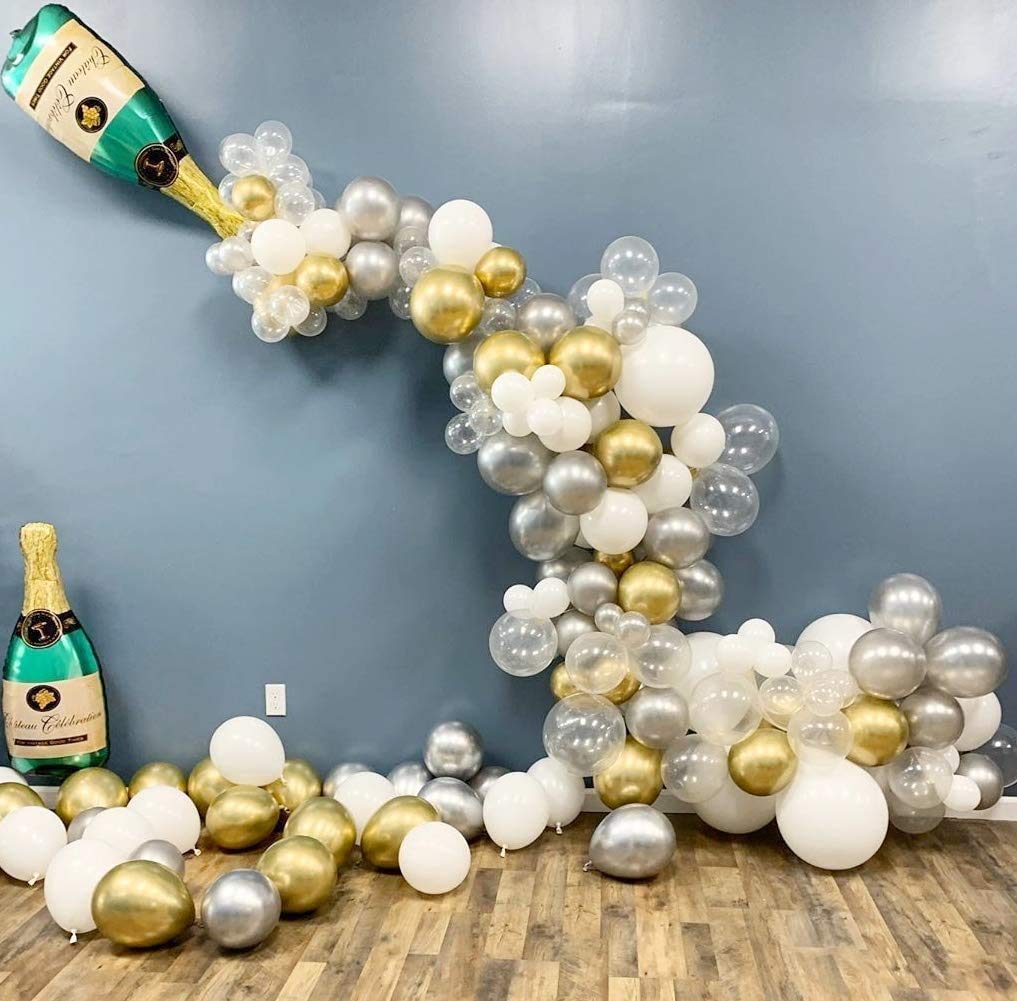 96Pcs Champagne Balloon Arch Garland Kit - 40 Inch Giant Champagne Balloon and Gold Confetti balloon Clear Silver Balloons for New Year Party Wedding Birthday Graduation Anniversary Bachelorette Decor