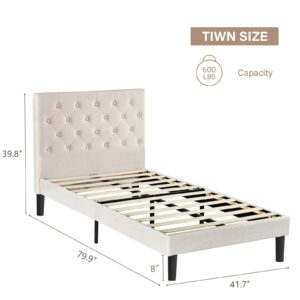 Catrimown Twin Size Bed Frame, Linen Upholstered Platform Bed with Complete Headboard, Strong Wooden Slats, No Box Spring Needed, Easy Assembly, Beige