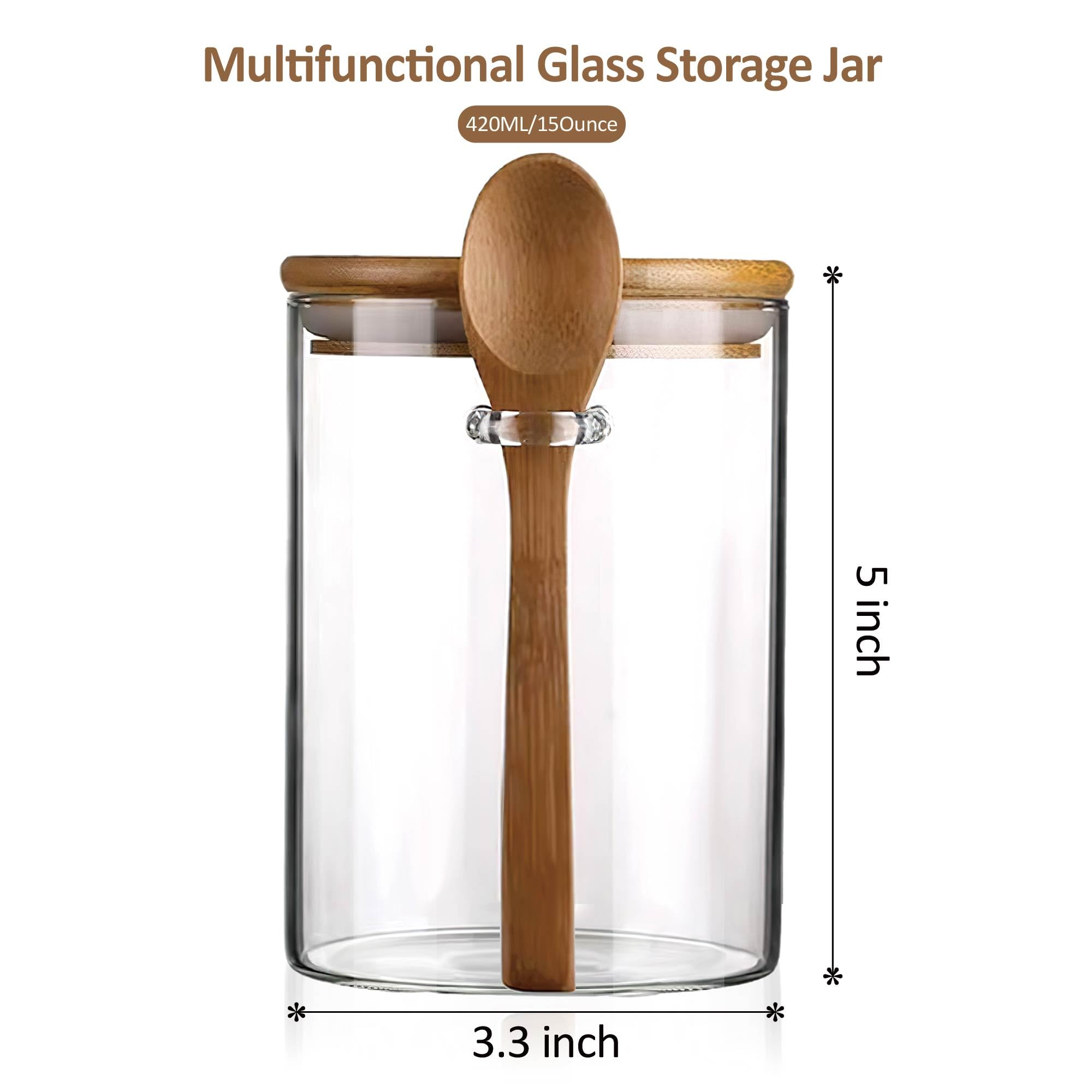 MOLADRI 420ML/15Oz Clear Glass Storage Canister with Wooden Spoon, Airtight Lid Sealed Small Glass Container Jar with Scoop for Bath Salt Holder, Sugar, Spice, Coffee, Matcha Tea, Condiment, Pepper