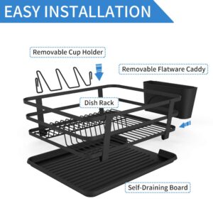 TreeLen Dish Drainers for Kitchen Counter with Drainboard Set Black Dishes Drying Rack Dish Sink Strainers with Removable Utensil Cup Holder-Black-14.6x11.8”