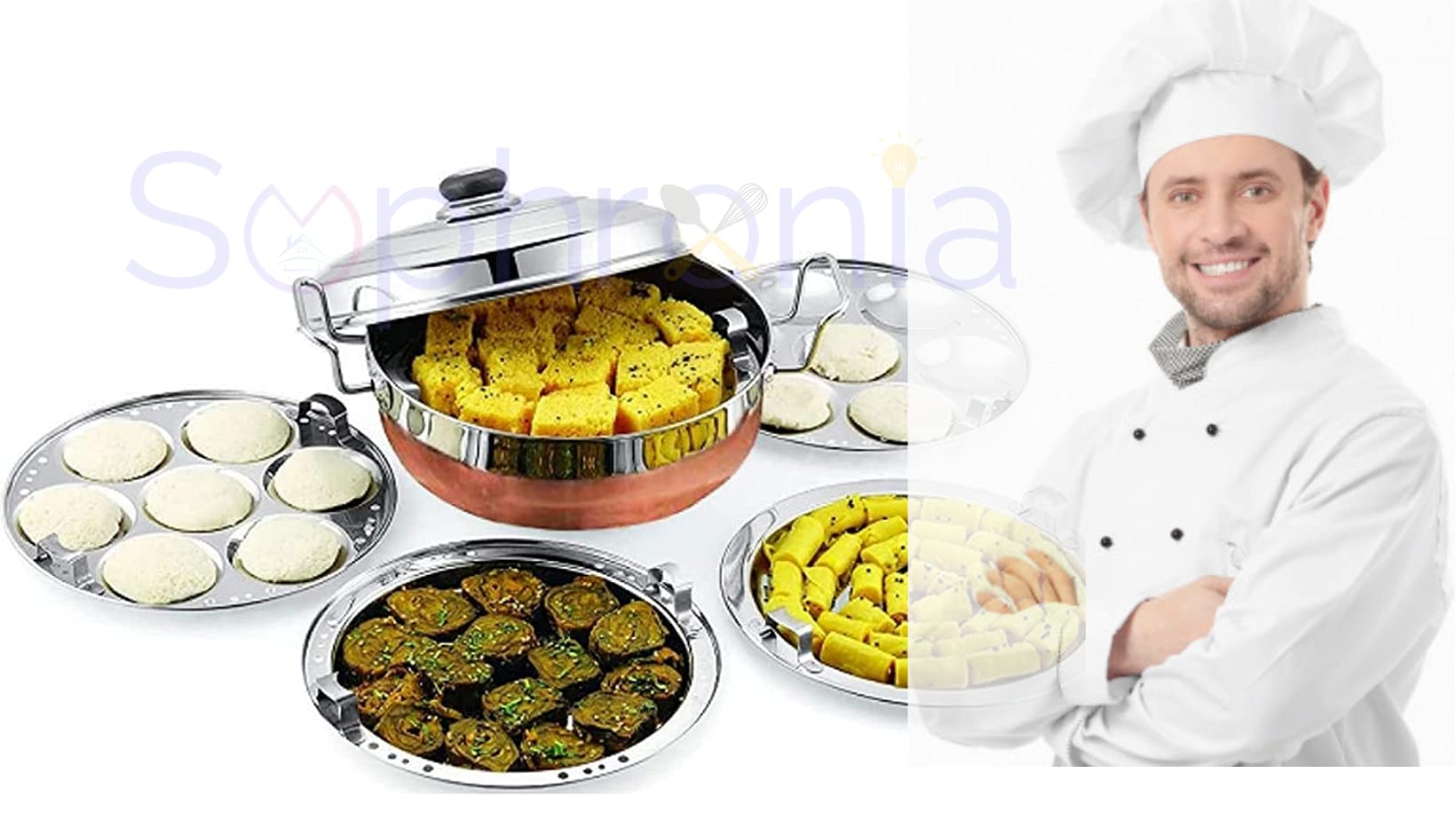 Sophronia Stainless Steel Idli Cooker Multi Kadai Steamer with Copper Bottom All-in-One Big Size 5 Plate 2 Idli | 2 Dhokla | 1 Patra | Momo's | 28.5 cm Dia