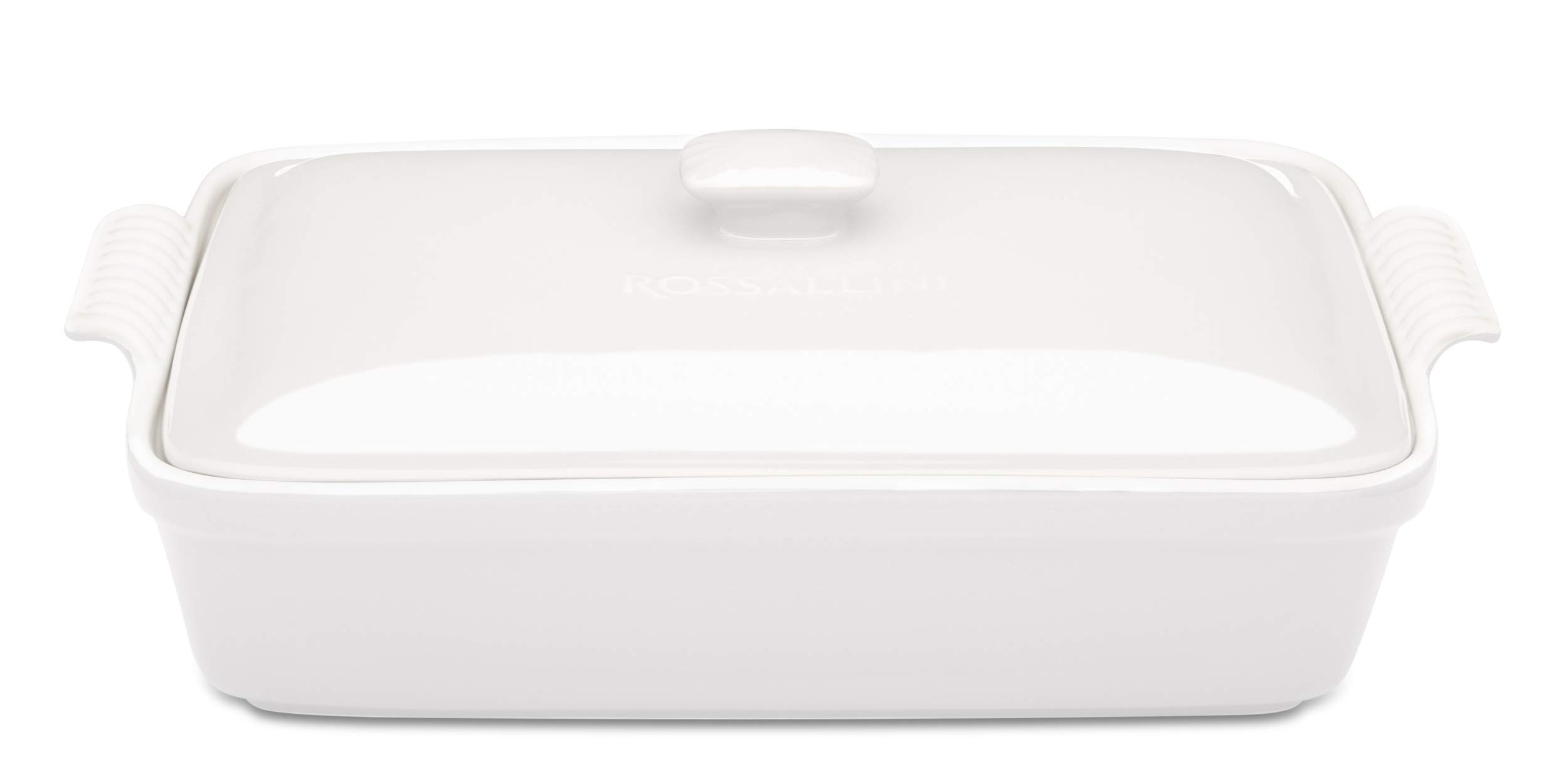 ROSSALLINI Stoneware Casserole Dish Bakeware Set with Lid, Covered Rectangular Dinnerware, Extra Large 4.23 Quart, 13 by 9 Inch, Bianco [White]