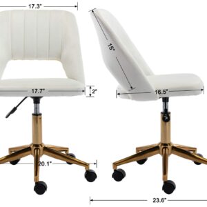 DM Furniture Velvet Office Desk Chair with Wheels, Mid Back Modern Home Office Chair Small and Cute for Bedroom, White with Gold Base