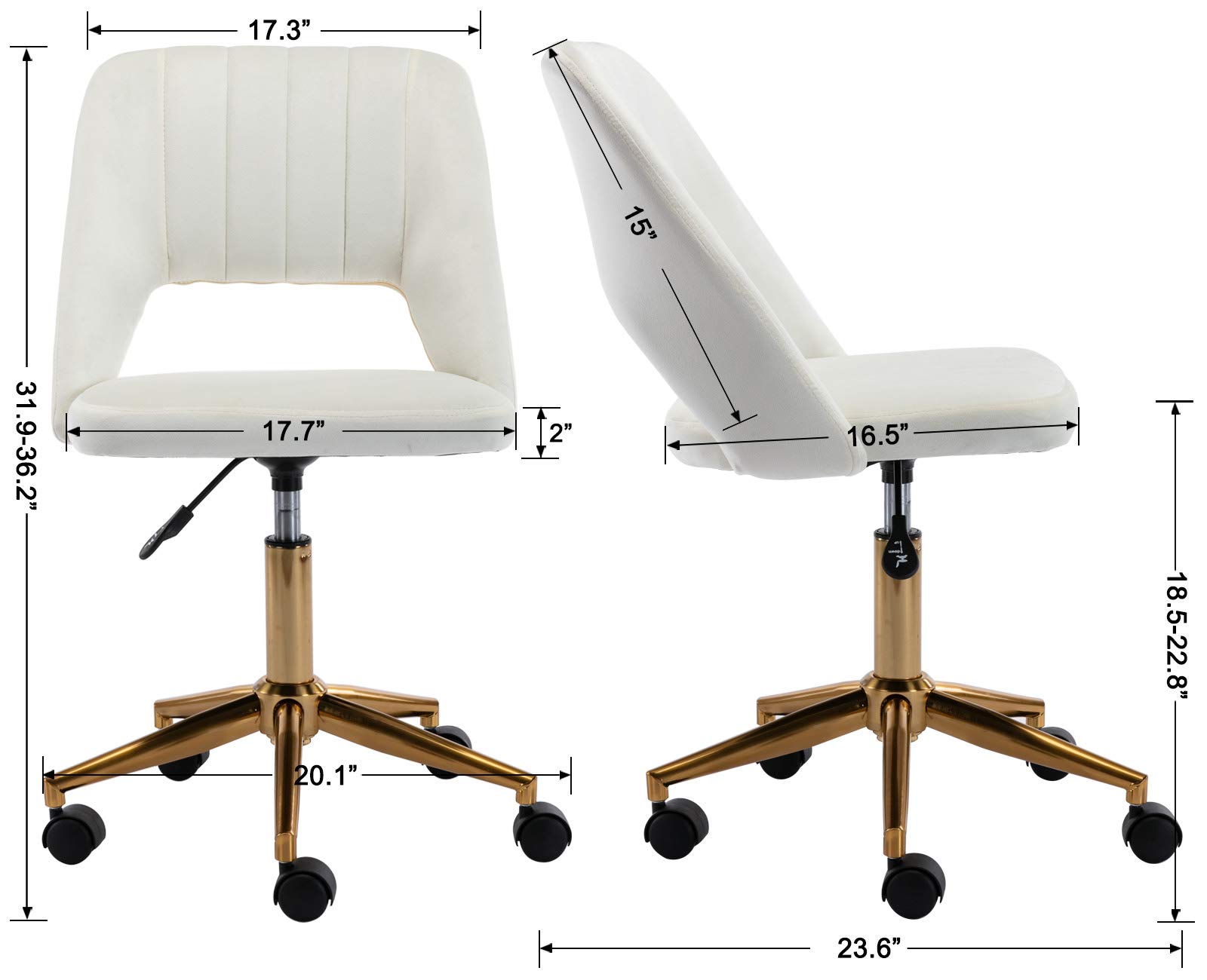 DM Furniture Velvet Office Desk Chair with Wheels, Mid Back Modern Home Office Chair Small and Cute for Bedroom, White with Gold Base