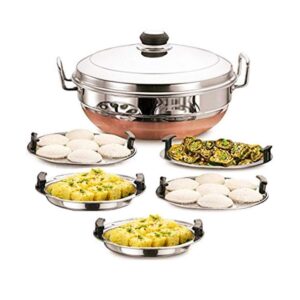 sophronia stainless steel idli cooker multi kadai steamer with copper bottom all-in-one big size 5 plate 2 idli | 2 dhokla | 1 patra | momo's | 28.5 cm dia