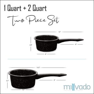 Millvado 2 Pack Granite Saucepans: Naturally Nonstick Sauce Pots - Speckled Enamel Ware Cookware – 1 and 2 Quart Sauce Pans for Cooking and Boiling - Granite Pot for Stovetop, Campfire, Outdoor Stove