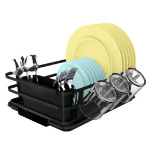 treelen dish drainers for kitchen counter with drainboard set black dishes drying rack dish sink strainers with removable utensil cup holder-black-14.6x11.8”