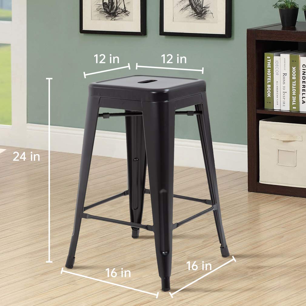 FDW Set of 4 Metal Bar Stools 24 Inches Counter Barstools Indoor/Outdoor Stackable Modern Metal Bar Stools Kitchen Counter Stools Chairs (Black)