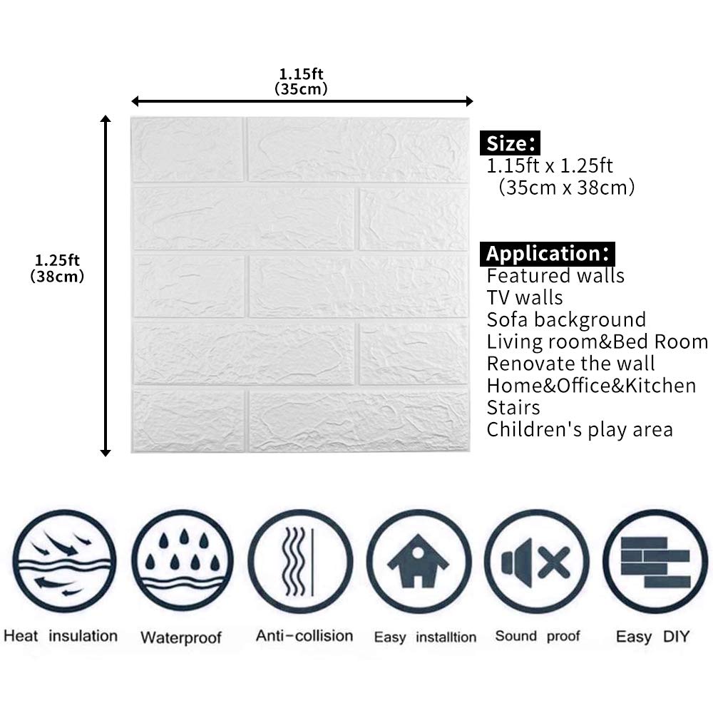 Sodeno 3D Wall Panels Peel and Stick, 14.5 Sq Ft Coverage,Printable Faux Brick Wallpaper Sticker with Self-Adhesive Waterproof Foam for Interior Wall Decor, Bathroom, Home Decoration (10 Pcs) (White)