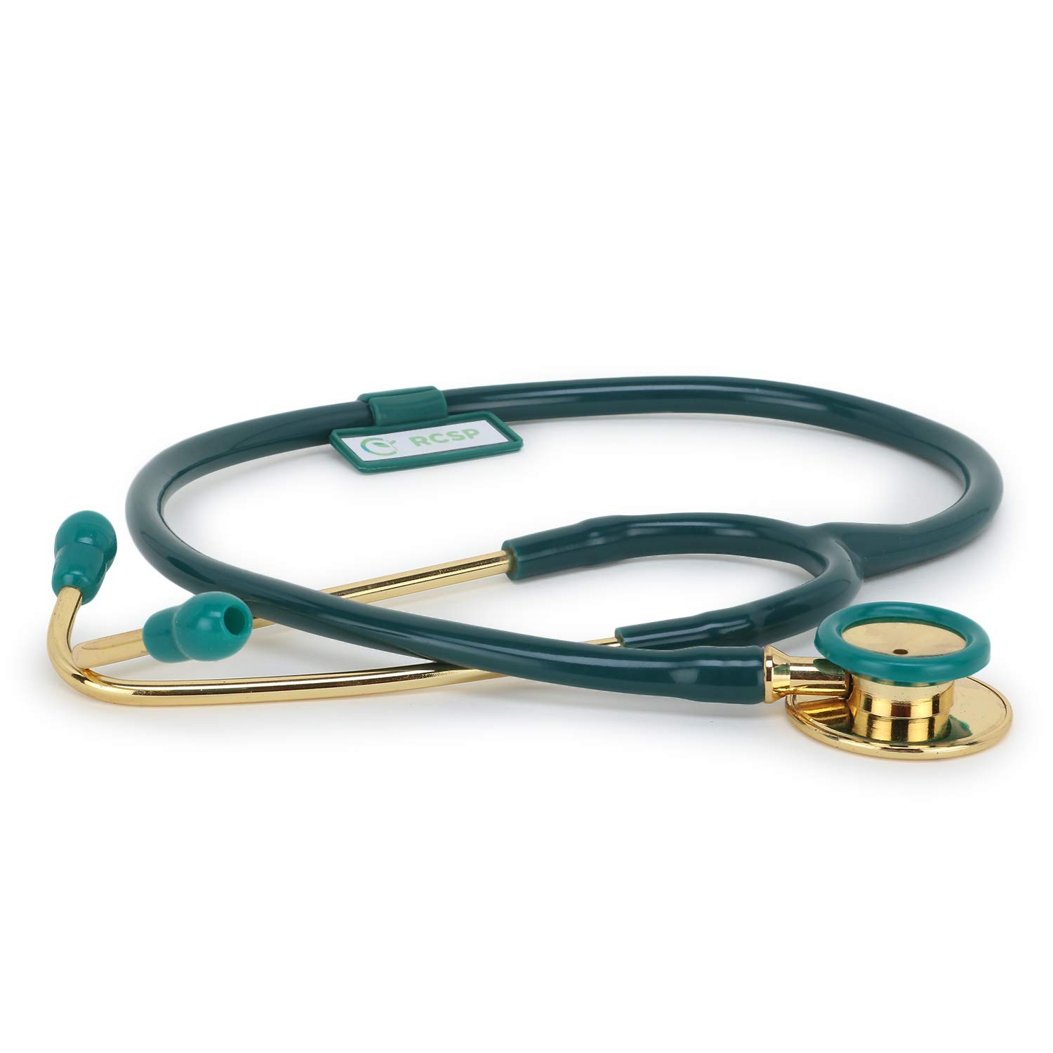 RCSP Acoustic Stethoscope Brass Ring For Medical Students, Nurses & Doctors, Lightweight ChestPiece with Latexfree Tube & Soft Sealing Ear Knobs Cardio SS Gold (GREEN)