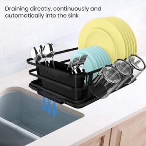 TreeLen Dish Drainers for Kitchen Counter with Drainboard Set Black Dishes Drying Rack Dish Sink Strainers with Removable Utensil Cup Holder-Black-14.6x11.8”