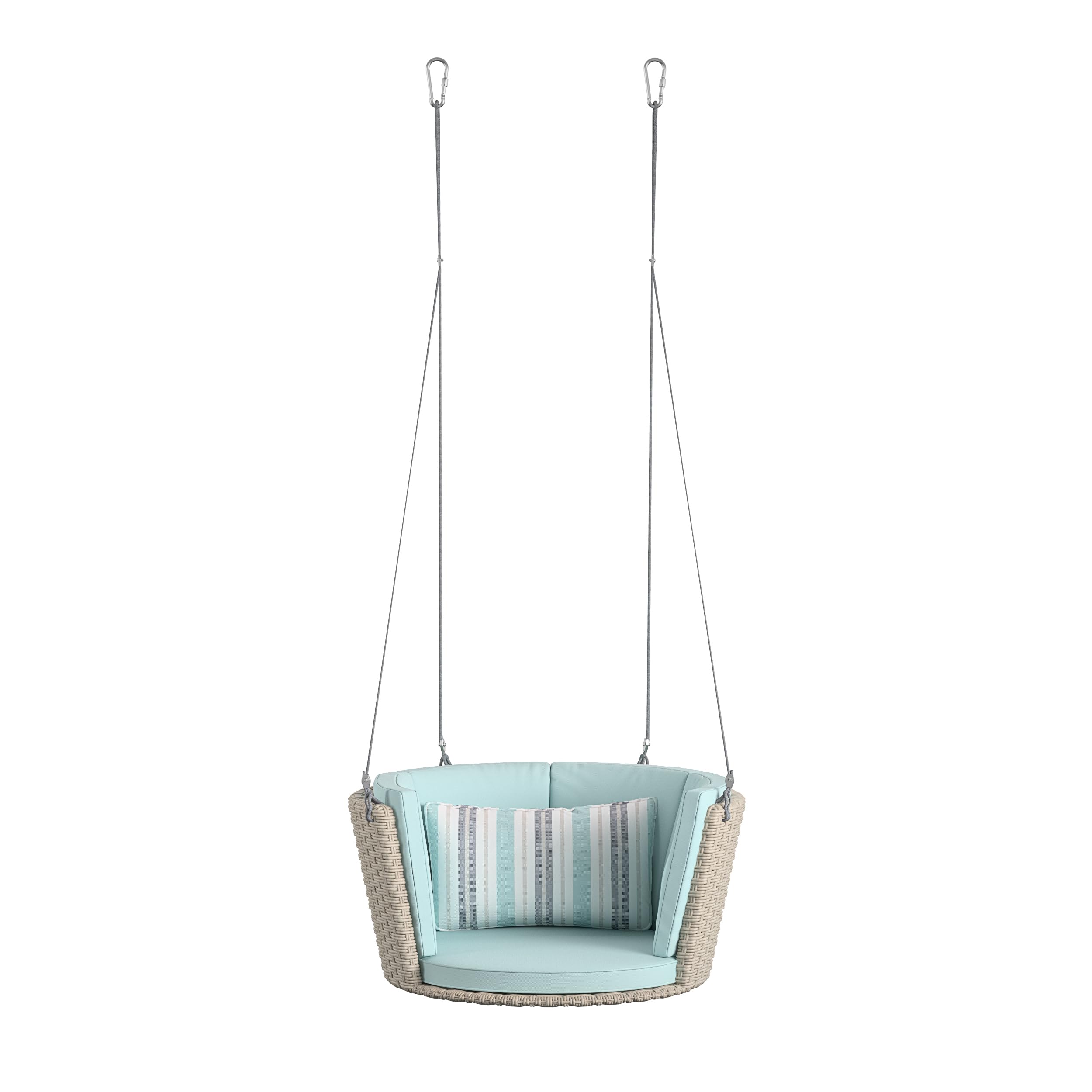 Novogratz Poolside Gossip Collection, Sally Patio Swing, Aqua Haze Cushions, Light Taupe Wicker