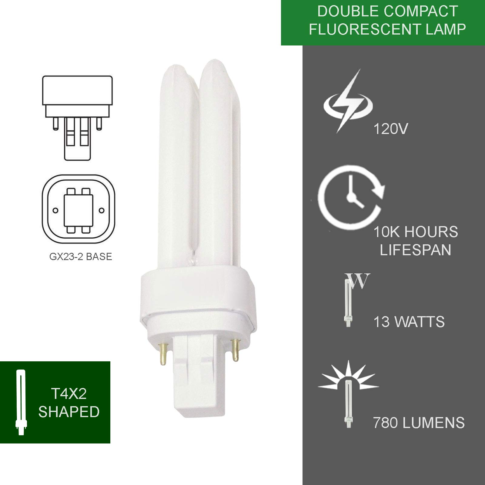 DYSMIO 13 Watt CFL Light Bulbs 2 Pin GX23-2 Base 2700K Soft White 13W High Output 800 Lumens Double Tube Compact Fluorescent Light Bulbs Plug-in 4 Pack