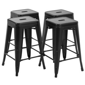 fdw set of 4 metal bar stools 24 inches counter barstools indoor/outdoor stackable modern metal bar stools kitchen counter stools chairs (black)