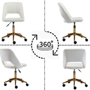 DM Furniture Velvet Office Desk Chair with Wheels, Mid Back Modern Home Office Chair Small and Cute for Bedroom, White with Gold Base