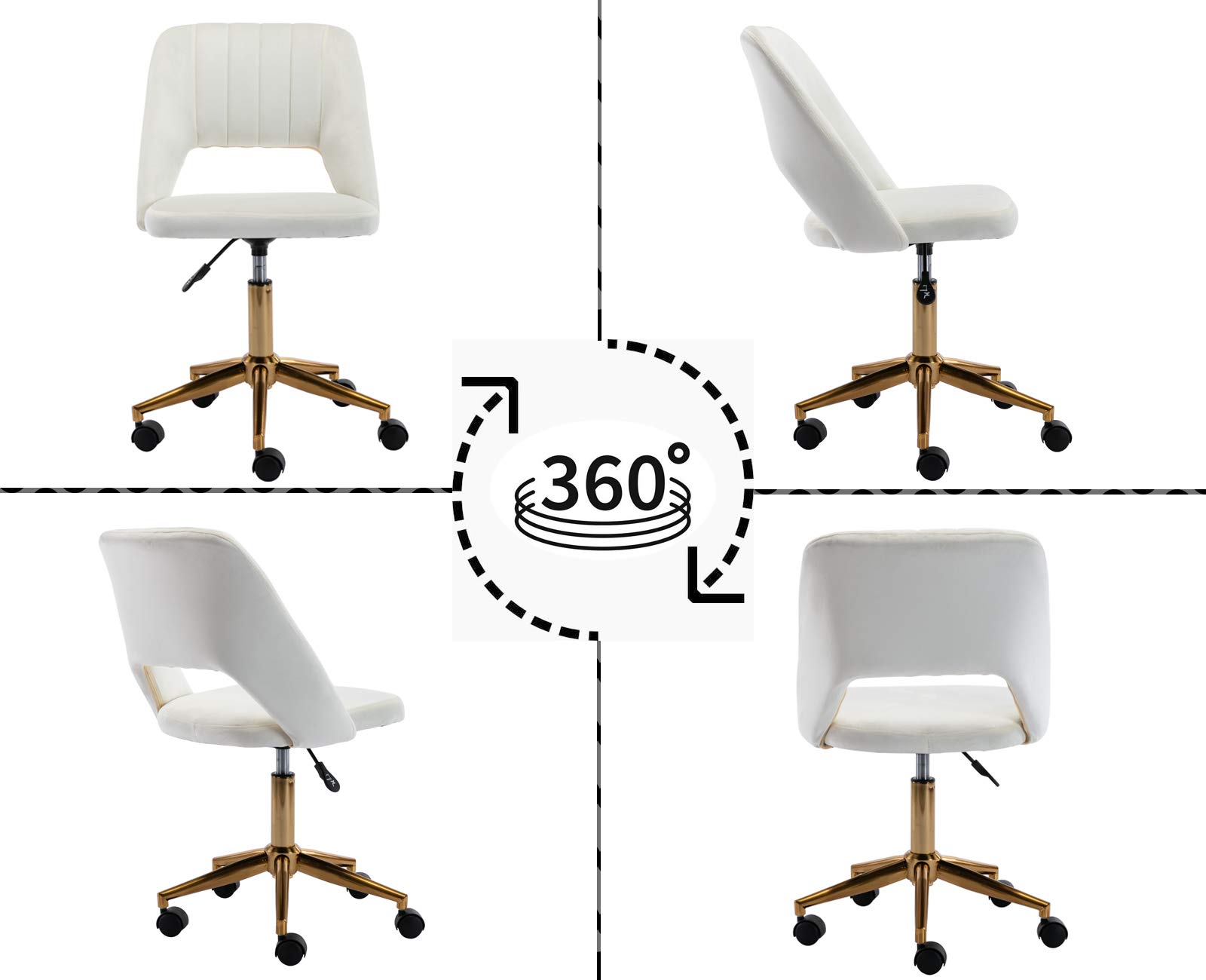 DM Furniture Velvet Office Desk Chair with Wheels, Mid Back Modern Home Office Chair Small and Cute for Bedroom, White with Gold Base