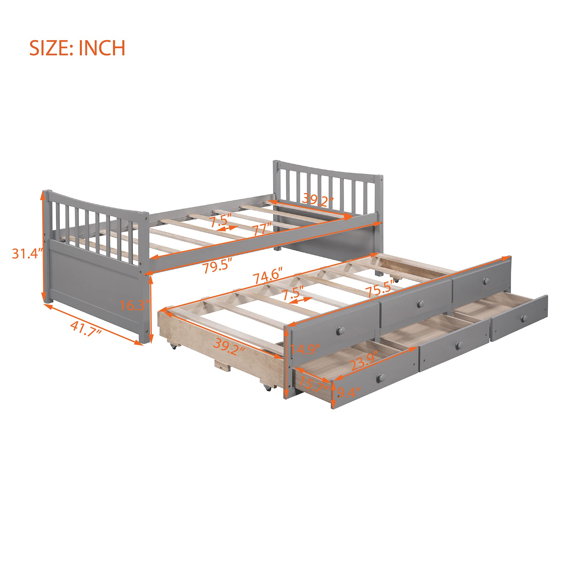 Harper & Bright Designs Twin Captain’s Bed Storage Daybed for Kids Guests Solid Wood Bed with Trundle and Drawers,Gray