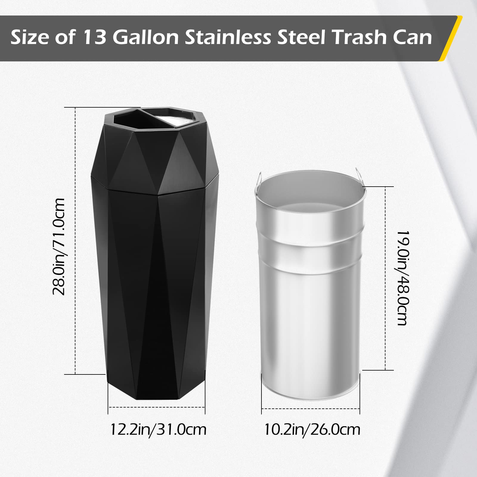 Dyna-Living Commercial Trash Can Outdoor Garbage Can with Lid Indoor Large Trash Bin Stainless Steel Industrial Waste Container Black