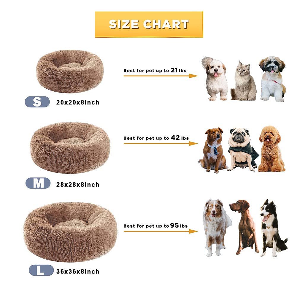 Dog Bed Calming Dog Beds for Small Medium Large Dogs - Round Donut Washable Dog Bed, Anti-Slip Faux Fur Fluffy Donut Cuddler Anxiety Cat Bed(28'' Khaki