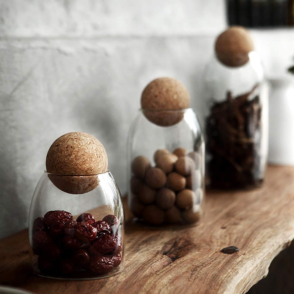 MOLADRI 800ML/27Oz Clear Glass Storage Cute Canister Holder Ball Wood Cork Top, Modern Decorative Cylinder Container Jar with Round Lid for Coffee, Spice, Candy, Salt, Cookie Cool Terrarium Bottle