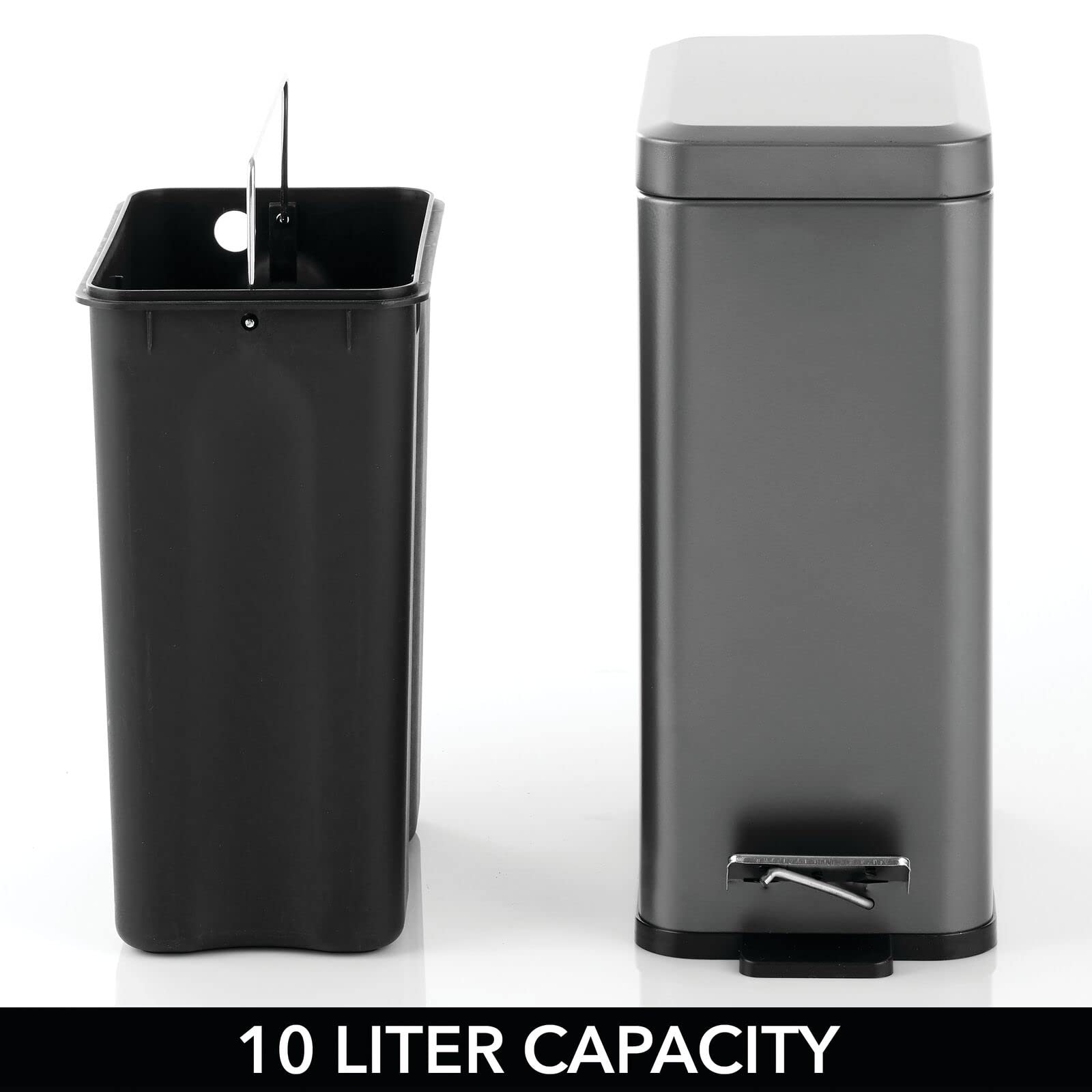 mDesign Pedal Bin — Household Bin with Pedal, Lid and Plastic Bucket Insert for Bathroom, Kitchen, and Office — Metal Rubbish Bin with Ergonomic Design — Graphite