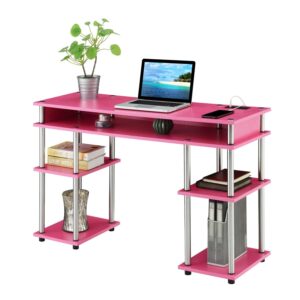 Convenience Concepts Designs2Go No Tools Student Desk with Charging Station and Shelves, Pink