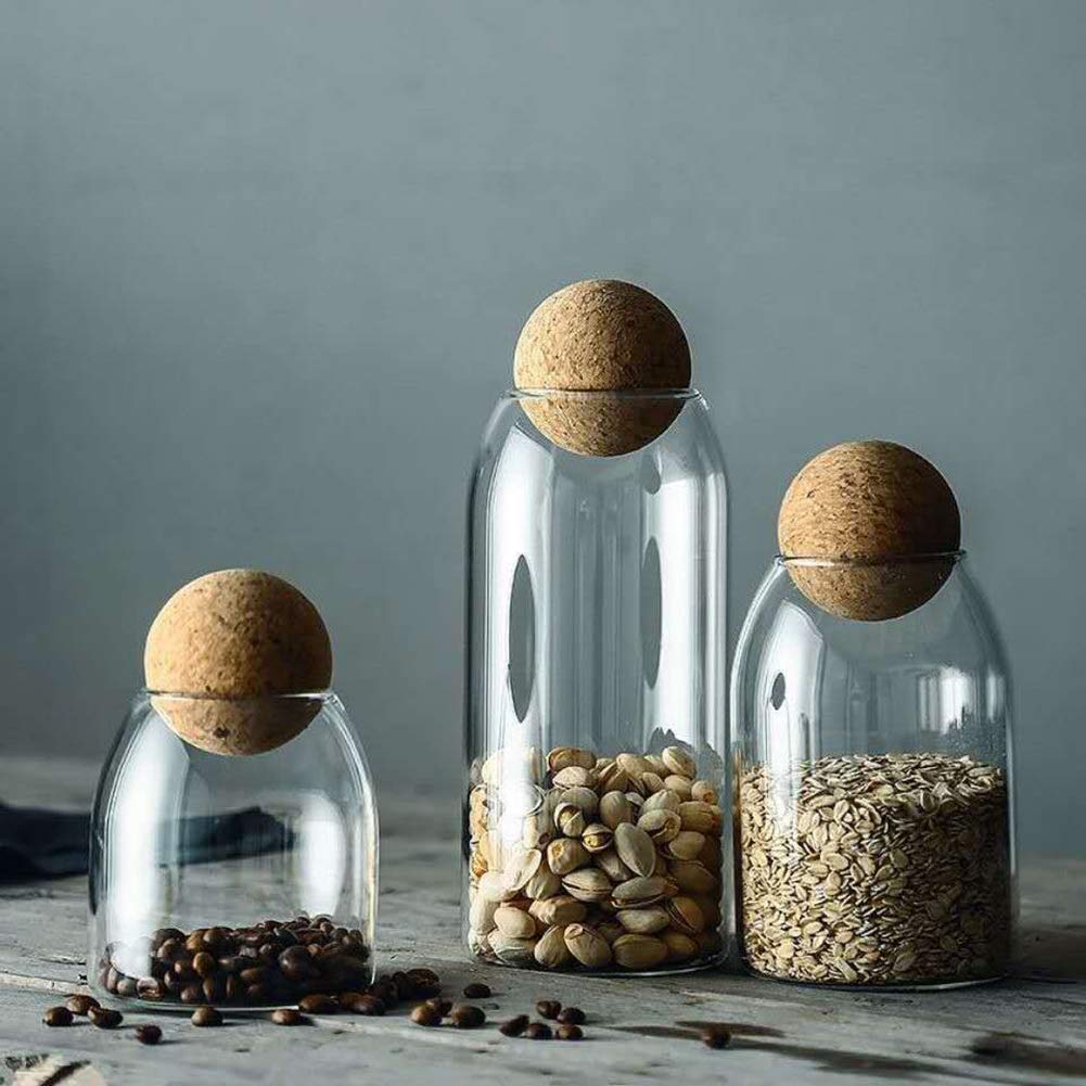 MOLADRI 800ML/27Oz Clear Glass Storage Cute Canister Holder Ball Wood Cork Top, Modern Decorative Cylinder Container Jar with Round Lid for Coffee, Spice, Candy, Salt, Cookie Cool Terrarium Bottle