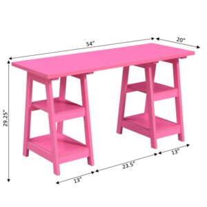 Convenience Concepts Designs2Go Double Trestle Desk with Shelves, Pink