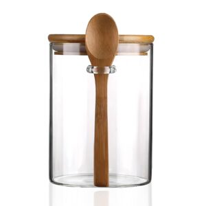 moladri 420ml/15oz clear glass storage canister with wooden spoon, airtight lid sealed small glass container jar with scoop for bath salt holder, sugar, spice, coffee, matcha tea, condiment, pepper