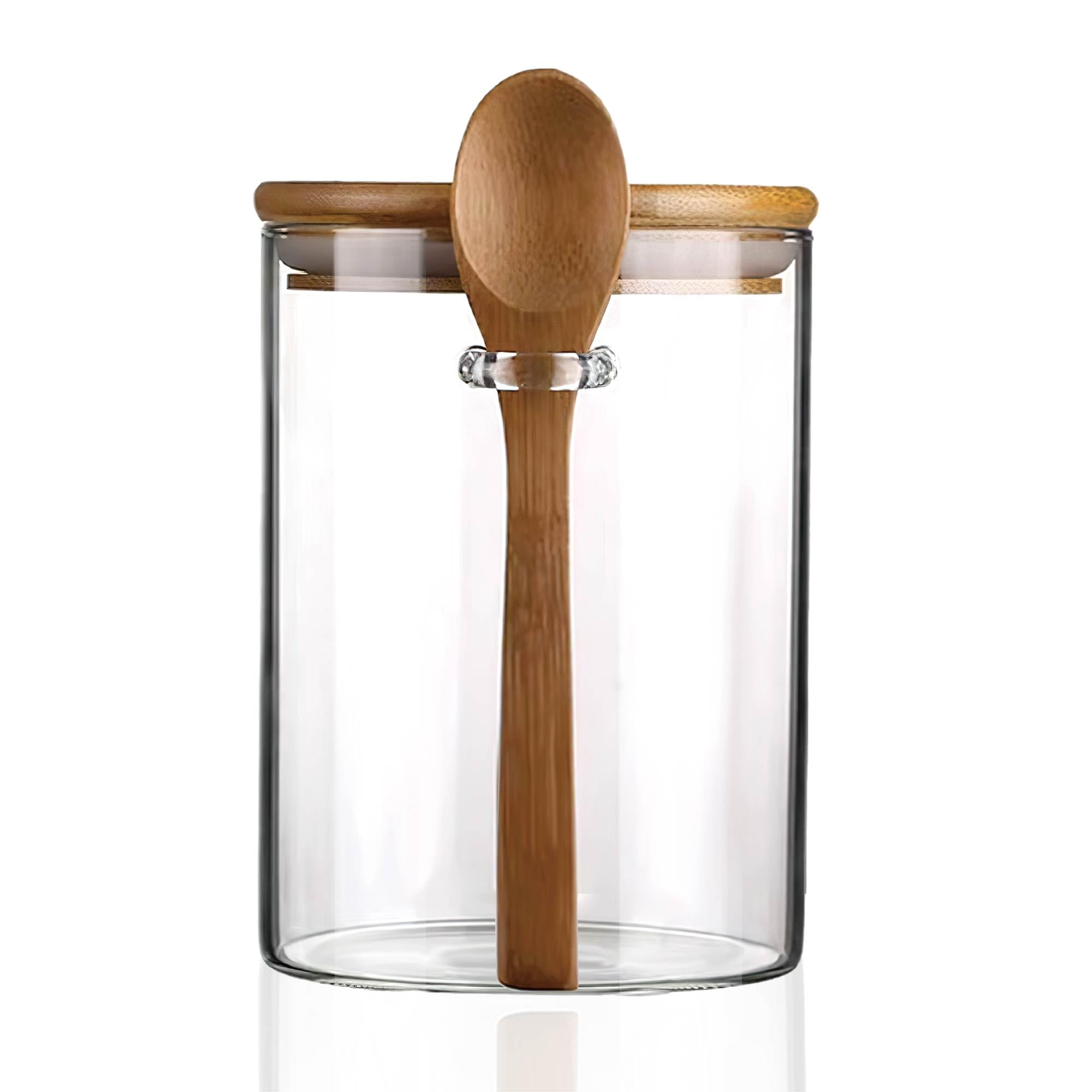 MOLADRI 420ML/15Oz Clear Glass Storage Canister with Wooden Spoon, Airtight Lid Sealed Small Glass Container Jar with Scoop for Bath Salt Holder, Sugar, Spice, Coffee, Matcha Tea, Condiment, Pepper