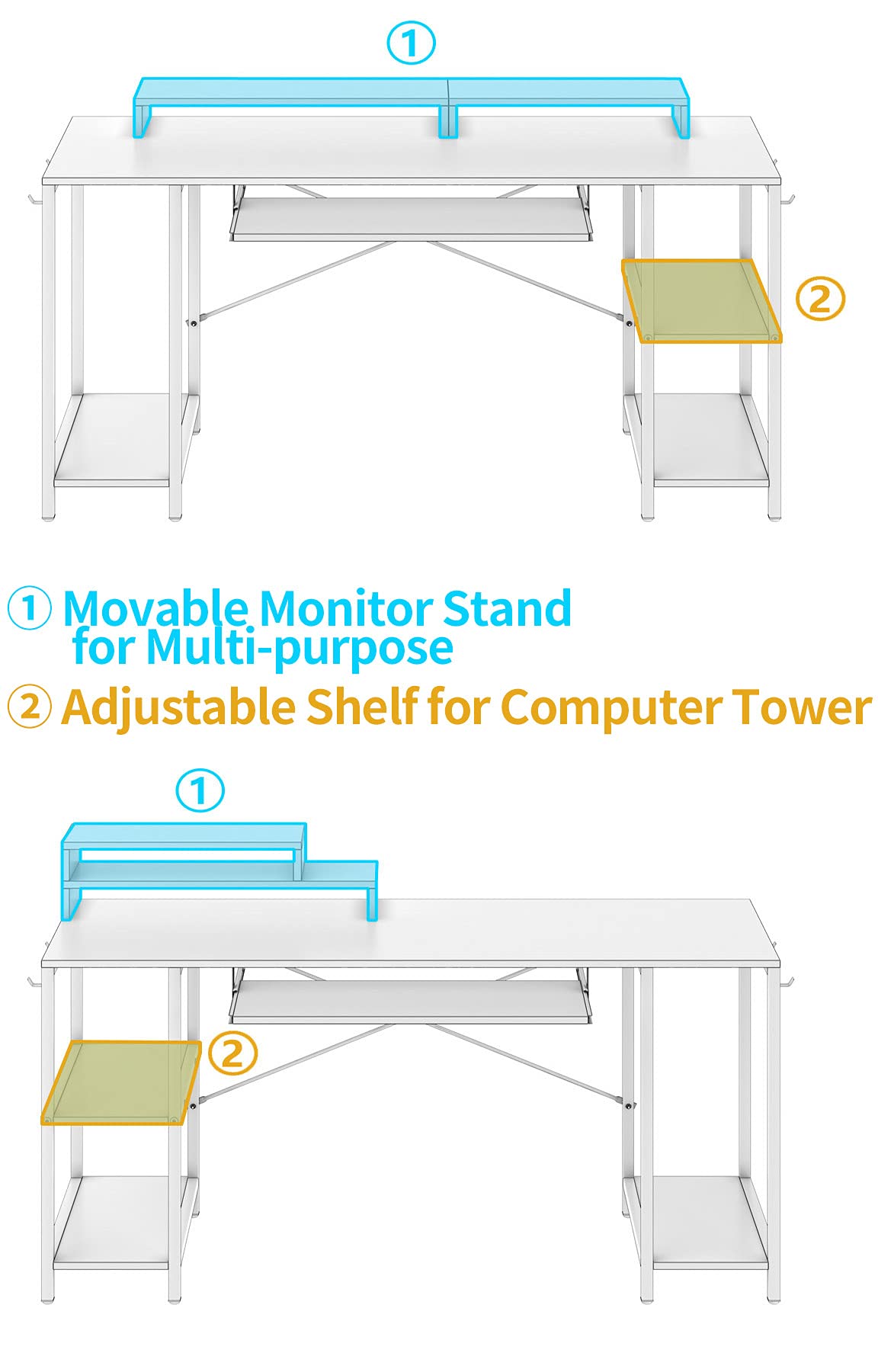 HYPIGO Workstation Desk with Keyboard Tray, 55 Inch Computer Desk with Storage Shelves Monitor Stands and 4 Iron Hooks, Industrial Desk for Home Office