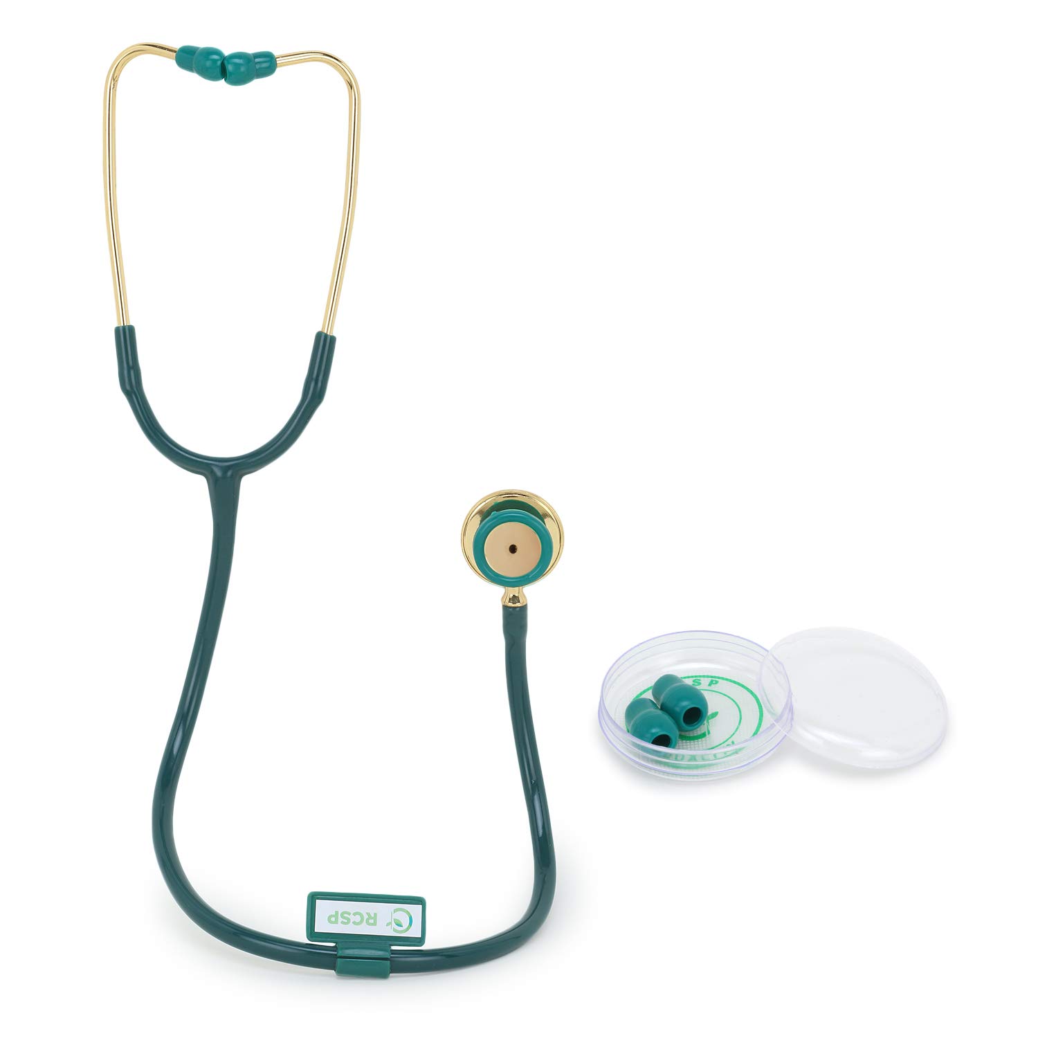 RCSP Acoustic Stethoscope Brass Ring For Medical Students, Nurses & Doctors, Lightweight ChestPiece with Latexfree Tube & Soft Sealing Ear Knobs Cardio SS Gold (GREEN)