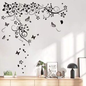 runtoo black flowers vine wall decal floral butterfly wall stickers living room bedroom wall decor