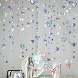 40Ft Iridescent 3D Heart Twinkle Star Garland Holographic Paper Streamer Banner for Birthday Mother's Day Anniversary Engagement Wedding Bridal Baby Shower Hen Valentines Day Party Decoration Supplies