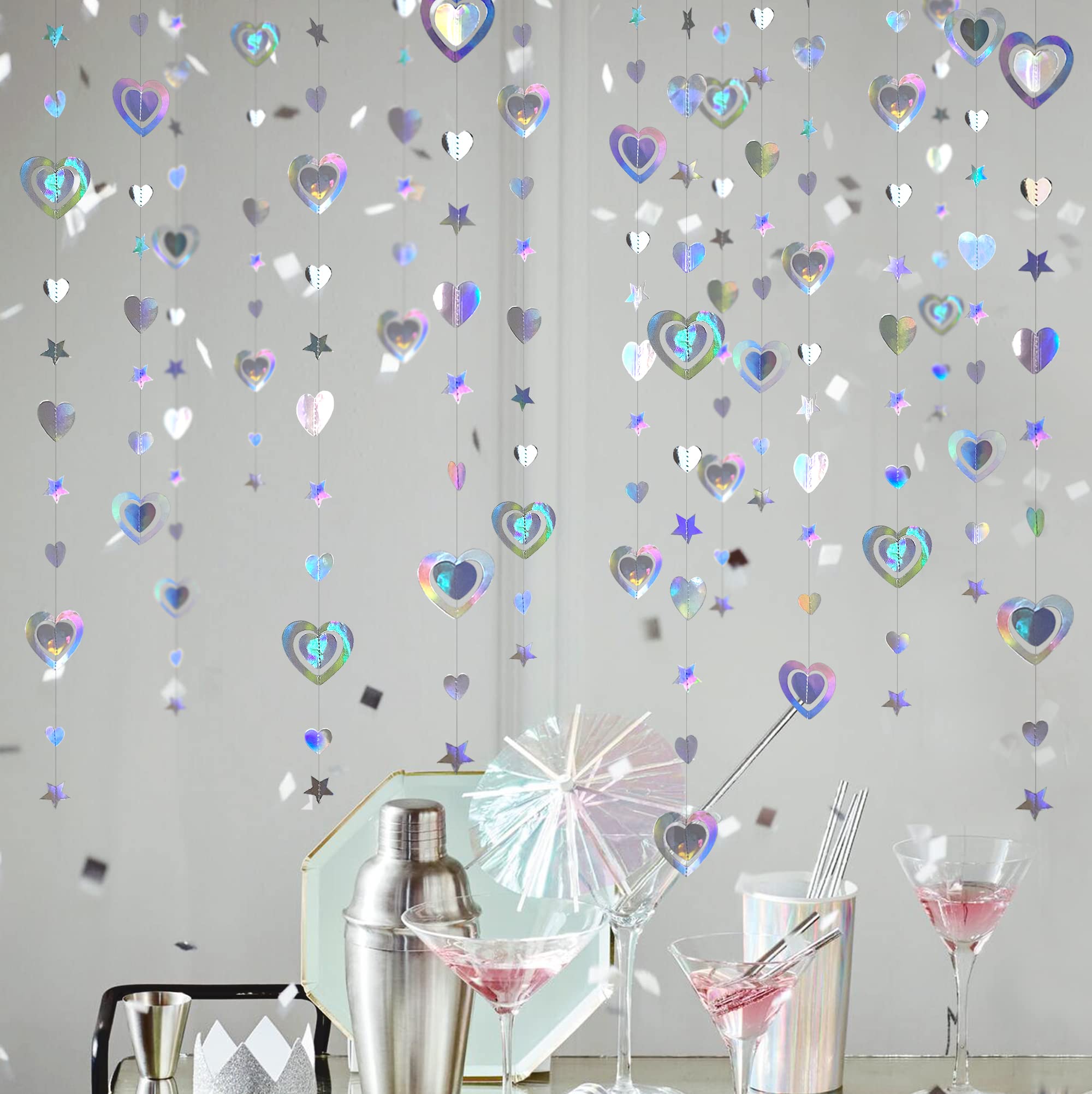 40Ft Iridescent 3D Heart Twinkle Star Garland Holographic Paper Streamer Banner for Birthday Mother's Day Anniversary Engagement Wedding Bridal Baby Shower Hen Valentines Day Party Decoration Supplies