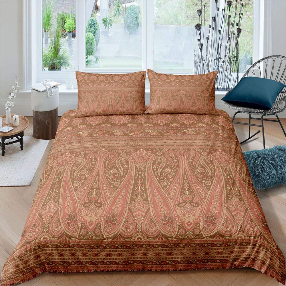 Homewish Paisley Bedding Set 3pcs for Kids Girls Chic Exotic Floral Print Comforter Cover Indian Style Design Duvet Cover Set Soft Polyester Quilt Cover with 2 Pillow Cases(No Comforter) Full Size