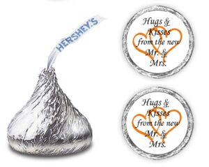 324 hugs and kisses from the new mr. & mrs. with interlocking hearts wedding stickers, chocolate drops labels for bridal shower engagement party decorations, favors decor for kiss (orange)