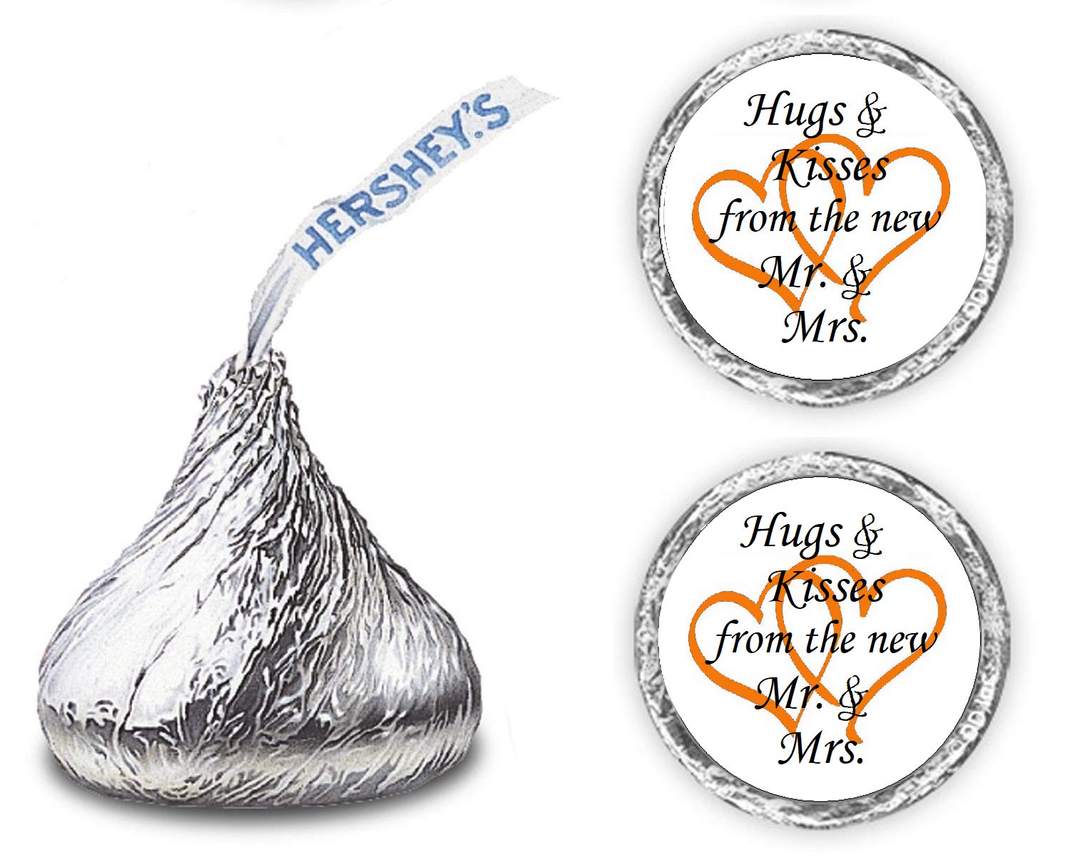 324 Hugs and Kisses from The new Mr. & Mrs. with Interlocking Hearts Wedding Stickers, Chocolate Drops Labels for Bridal Shower Engagement Party Decorations, Favors Decor for Kiss (Orange)