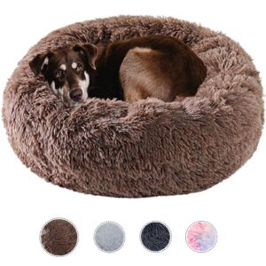 dog bed calming dog beds for small medium large dogs - round donut washable dog bed, anti-slip faux fur fluffy donut cuddler anxiety cat bed(28'' khaki