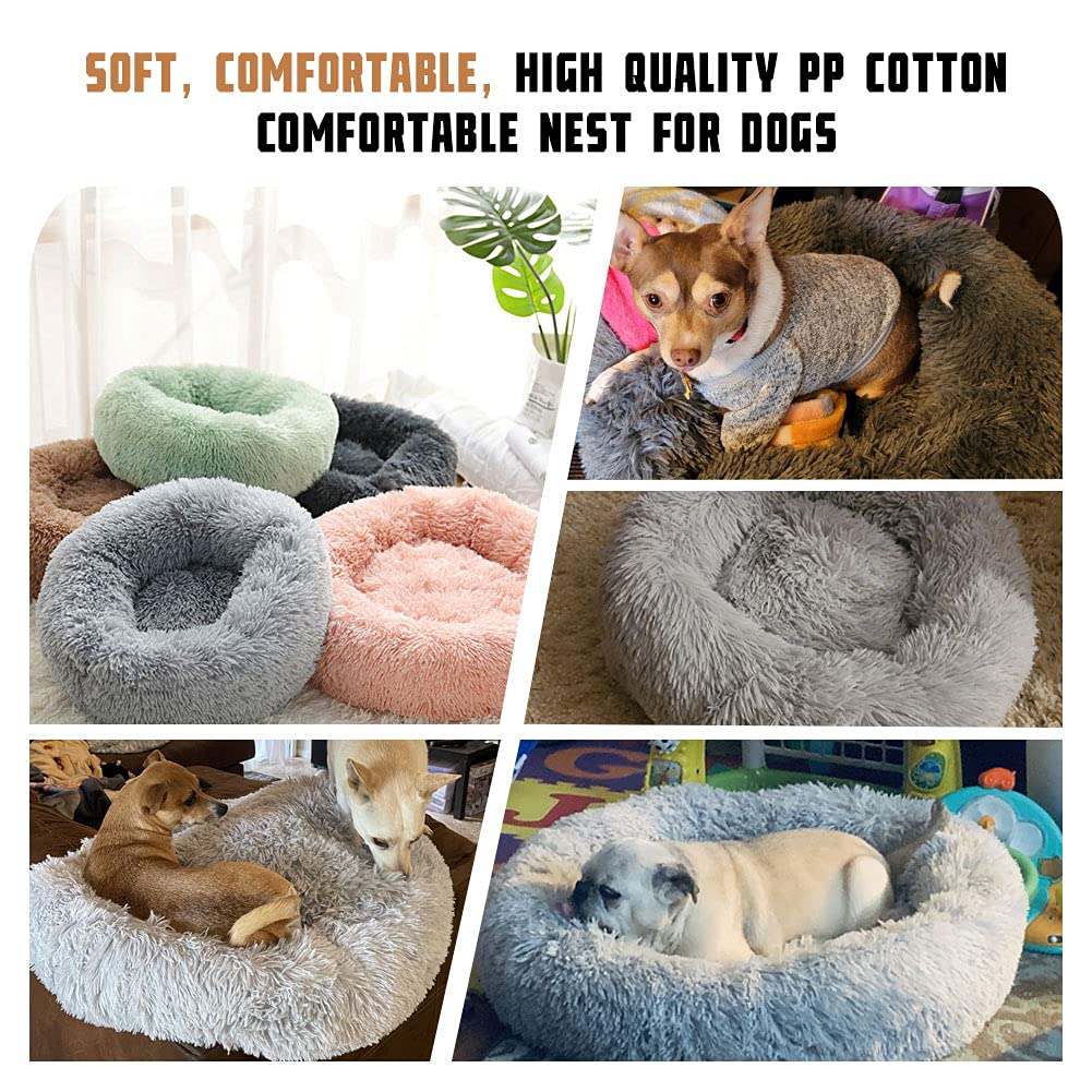 Dog Bed Calming Dog Beds for Small Medium Large Dogs - Round Donut Washable Dog Bed, Anti-Slip Faux Fur Fluffy Donut Cuddler Anxiety Cat Bed(28'' Khaki